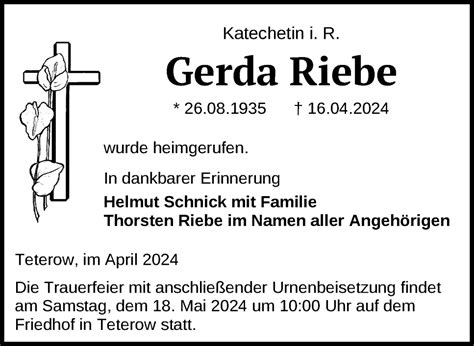 Traueranzeigen Von Gerda Riebe Trauer Nordkurier