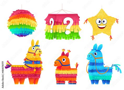 Collection Mexican Pinatas For Birthday Party Isometric Vector