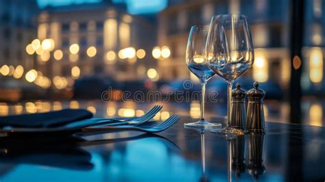 Elegant Dinner Setup With Glasses And Tableware In Soft Lighting Stock