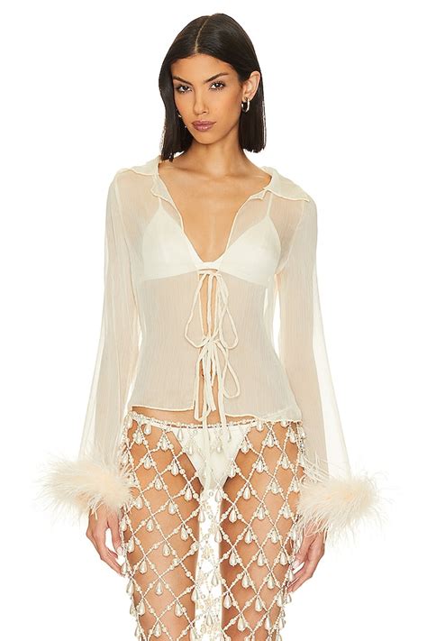 Bubish Perla Sheer Feather Trim Blouse In Ivory Revolve