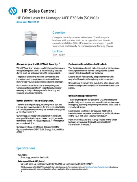 Hp Color Laserjet Managed Mfp E786dn 5qj90a Spec Sheet Pdf