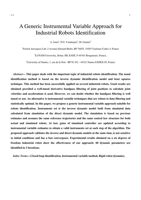 Pdf A Generic Instrumental Variable Approach For Industrial Robot Identification