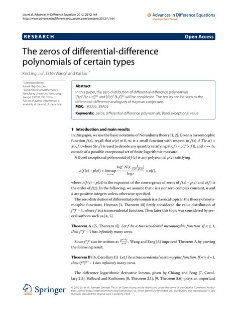 Pdf The Zeros Of Differential Difference Polynomials Of Certain Types