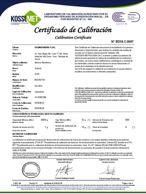 Certificado De Calibracion Balanzas De Precision Pdf Metrología