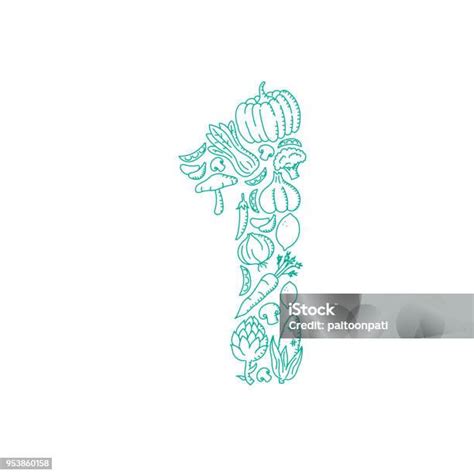 문자 번호 하나 또는 알파벳 야채 패턴 설정된 일러스트 아이에서 1 손 그리기 개념 디자인 녹색 색상 흰색 배경 벡터 Eps