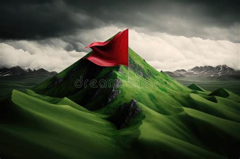 Pico Con Bandera Roja Rodeada De Colinas Verdes Ondulantes Stock De Ilustración Ilustración De