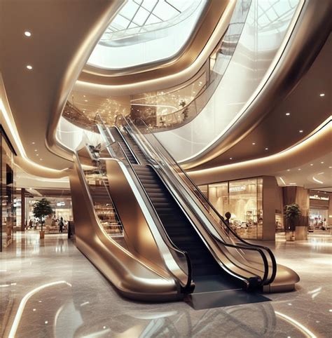 A Escalator That Is In A Mall With A Large Gold Design Premium Ai