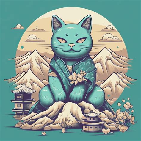 Premium Photo Serene Scenery Teal Anime Maneki Neko Amidst Japanese