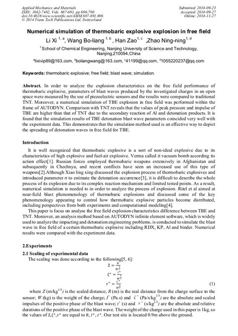 Numerical Simulation Of Thermobaric Explosive Explosion In Free Field Scientificnet