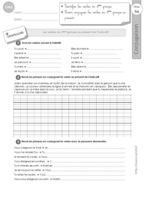 Cm2exercices Conjugaison Corrigés Présent Verbes Du 3ème Groupe
