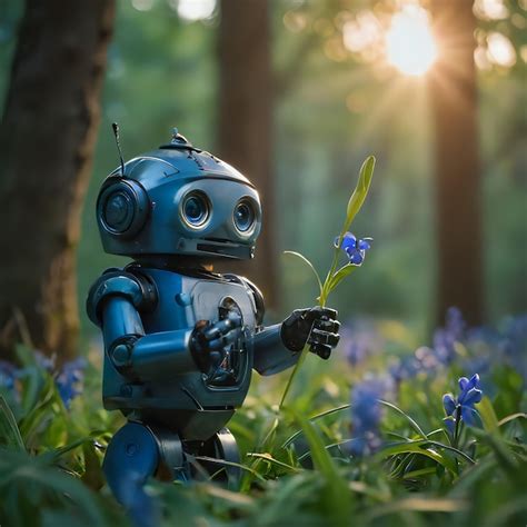 A Robot That Is Holding A Flower In The Grass Premium Ai Generated Image