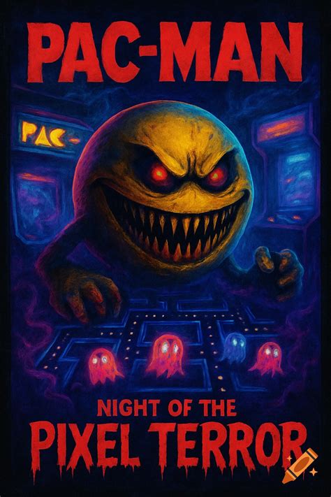A Dark Horror Themed 80s Movie Poster For Pac Man Featuring A Fanged