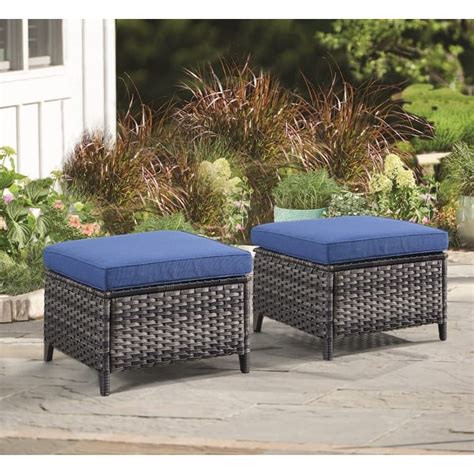 Outdoor Rattan Ottomans Wicker Ottomans With Blue Cushion Set Of 2 Bed Bath And Beyond 37418273