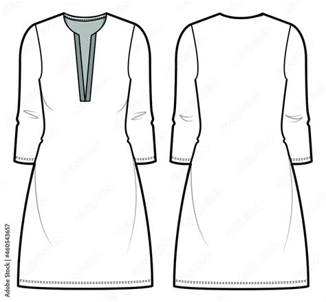 Women Long Sleeve Mandarin Deep Neck Shift Dress Kurta Front And Back View Fashion