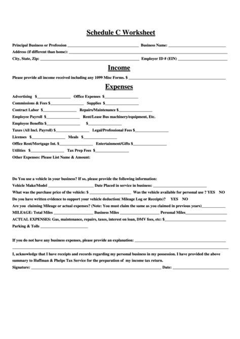 Schedule C Worksheet Printable Pdf Download