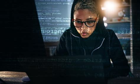 Premium Photo Hacker Woman In Dark Room With Laptop And Code Data