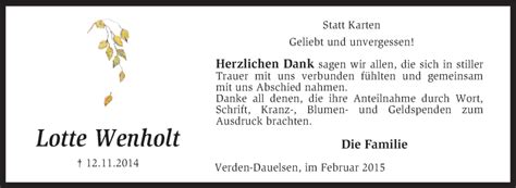 Traueranzeigen Von Lotte Wenholt Trauer Kreiszeitung De