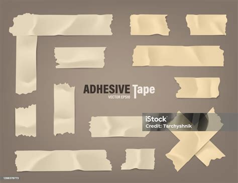 사실적인 접착제 테이프 세트 끈적 끈적한 스카치 갈색 배경에 덕트 종이 스트립 벡터 일러스트레이션 개체 그룹에 대한 스톡 벡터
