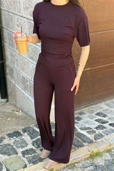 One Color T Shirt Sweatpants Woman Set Dark Purple Lejla Erret Two