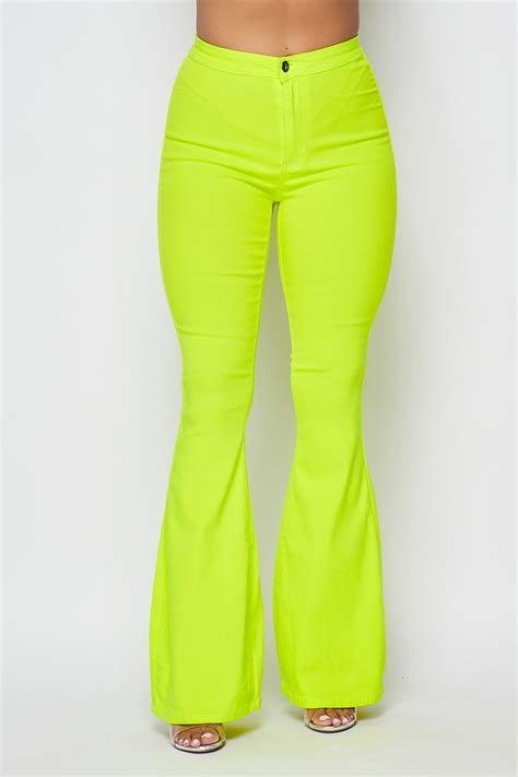 High Waisted Stretchy Bell Bottom Jeans Neon Yellow