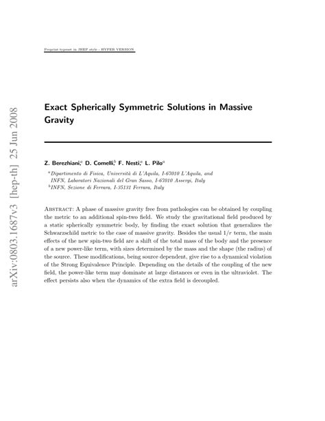Pdf Exact Spherically Symmetric Solutions In Massive Gravity