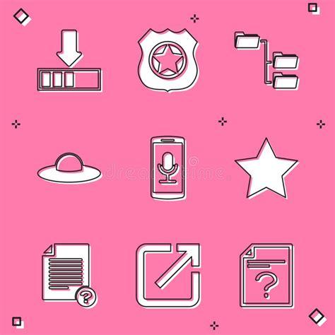 Set Loading Police Badge Folder Tree Ufo Flying Spaceship Mobile Recording And Star Icon