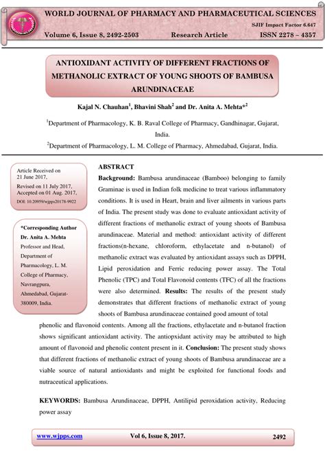 Pdf Antioxidant Activity Of Different Fractions Of Methanolic Extract