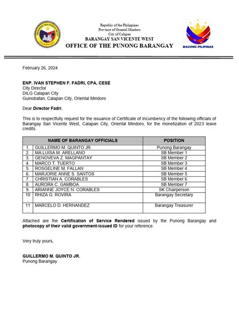 Certification Of Leave Credits And Request Letter Format Pdf