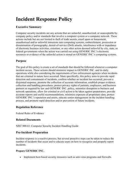 Incident Response Policy Executive Summary Computer Security Throughout