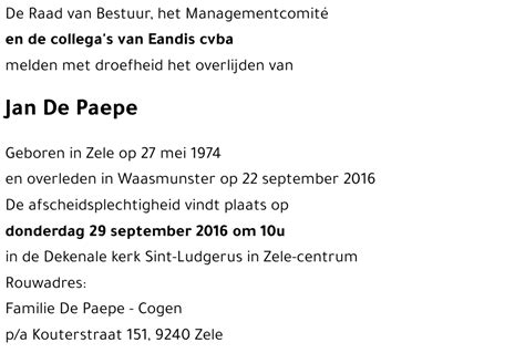 Avis De Décès De Jan De Paepe Décédé Le 22 09 2016 à Waasmunster