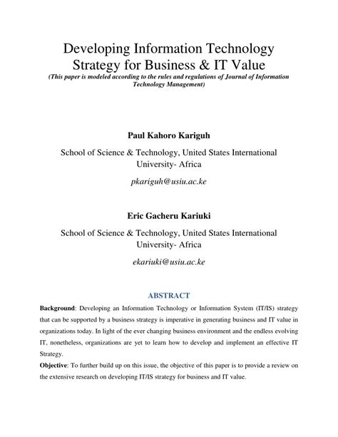 Pdf Developing Information Technology Strategy For Business And It Value