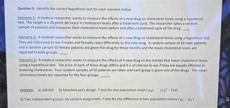 Solved Question 3 Identify The Correct Hypothesis Test For