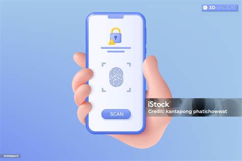 3d Hand Holding Mobile Phone Scan Fingerprint Cyber Secure Icon Symbol Recognition Identity