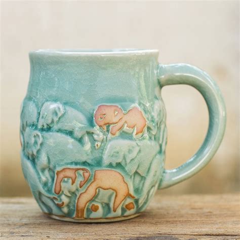 Celadon Ceramic Mug Light Blue Elephant Herd Celadon Ceramics