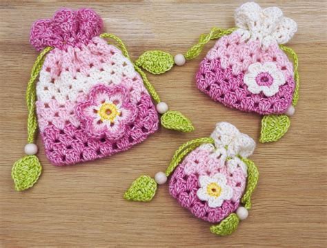Crochet Flower Drawstring Pouch Pattern Floral Keepsake Bag Reusable