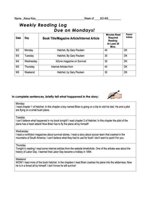 Weekly Reading Log Printable Pdf Download