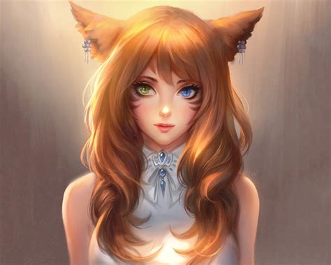 Wallpaper Elf Girl Fox Ears Blue And Green Eyes X Picture Image