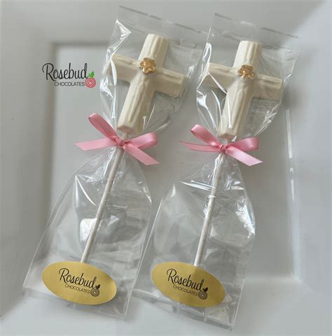 Cross Set Of 12 Chocolate Lollipops Gold Rose Religious Party Favors