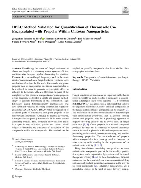 Pdf Hplc Method Validated For Quantification Of Fluconazole Co Encapsulated With Propolis