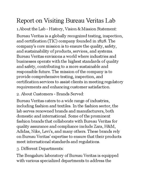 Report On Visiting Bureau Veritas Lab The Companys Core Mission Is