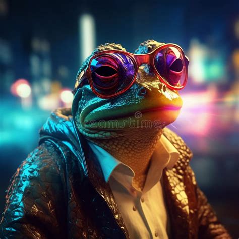 Epic Cyberpumk Frog Neon Retro Wave Style Stock Illustration
