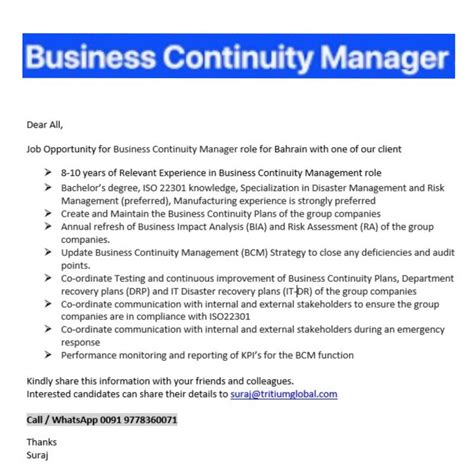 Suraj Rajan On Linkedin Job Opportunity Business Continuity Role For