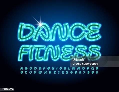 벡터 네온 배너 댄스 피트니스 빛나는 창조적 인 알파벳 문자 및 숫자 세트 건강한 생활방식에 대한 스톡 벡터 아트 및 기타