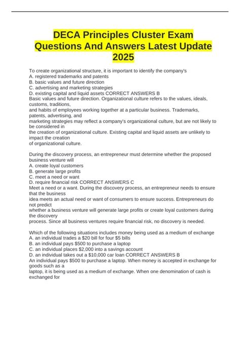 Deca Principles Cluster Exam Questions And Answers Latest Update 2025
