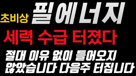 필에너지 주가전망 세력 수급 터졌다 이유 없이 들어오지 않았습니다 그 이유 최초 공개합니다 혼자만 아시고 몰래 세력에 탑승해서 수익 챙겨보세요 Youtube