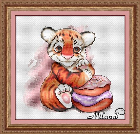 Tiger Cub With Donuts Cross Stitch Pattern Code Mls 068 Milana Love Stitch Buy Online On