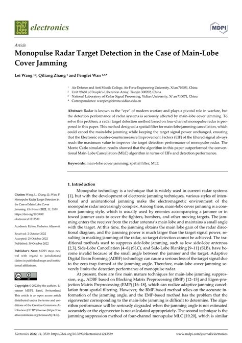 Pdf Monopulse Radar Target Detection In The Case Of Main Lobe Cover Jamming