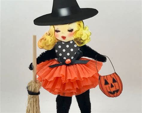 Retro Halloween Witch Bump Chenille Figure With Pumpkin And Broom Etsy