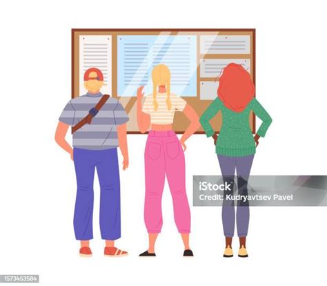 세 사람이 정보 게시판을 보고 남자와 여자는 뒤에서 보고 다양한 캐릭터를 플랫 일러스트레이션으로 표현한다 3 명에 대한 스톡 벡터 아트 및 기타 이미지 Istock