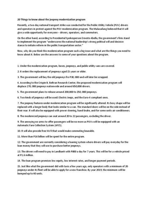 20 Things To Know About The Jeepney Modernization Program Pdf